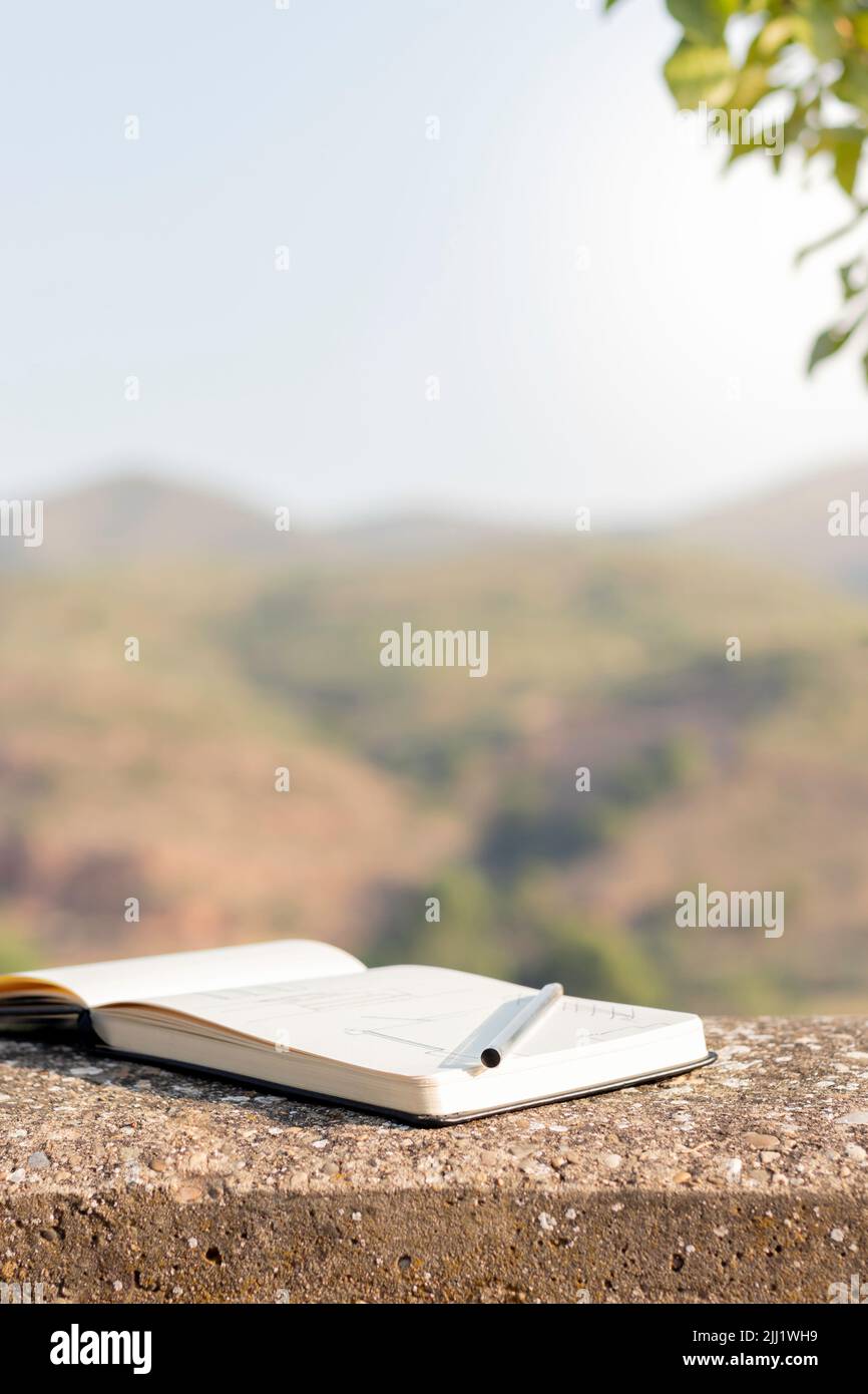 Vertical view of isolated open notebook with a pen on it and natural ...