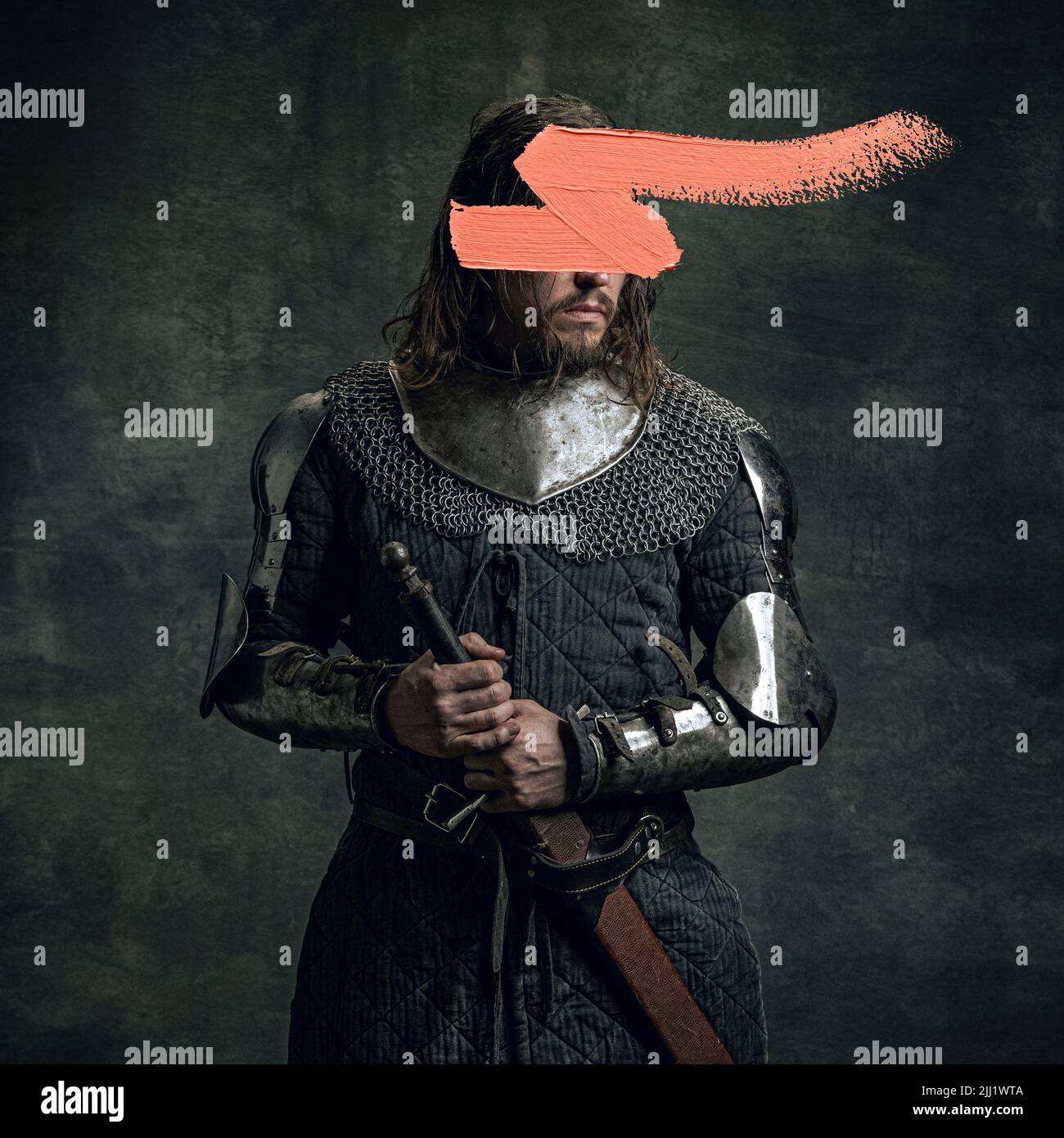 Artwork. Young man as medieval warrior, knight isolated on dark vintage ...