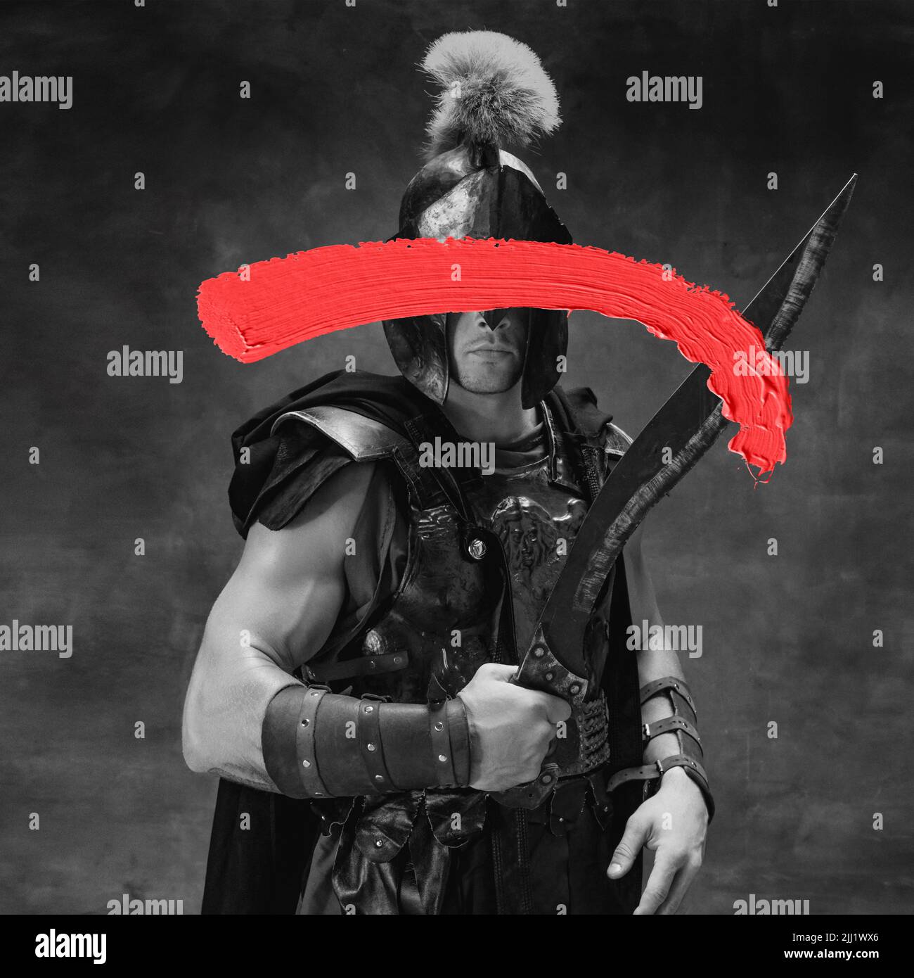 Artwork. Young man as medieval warrior, knight isolated on dark vintage ...