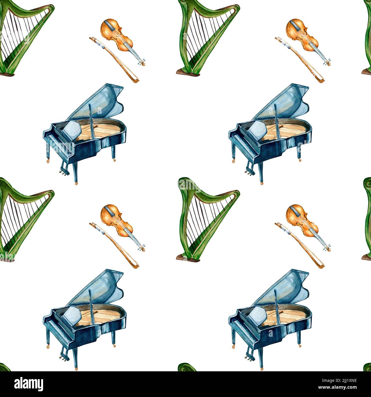 Piano, violin and harp watercolor seamless pattern on white ...