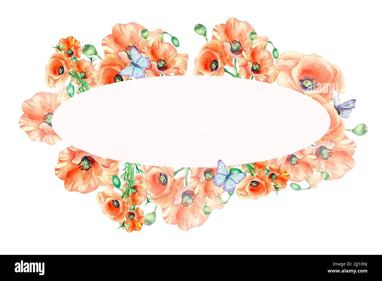 Frame with meadow red flowers, lush floral bouquet watercolor ...