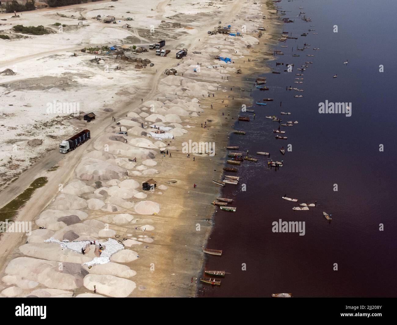 Aerial picture of salt extraction in Pink lake, REtba lake, Dakar ...
