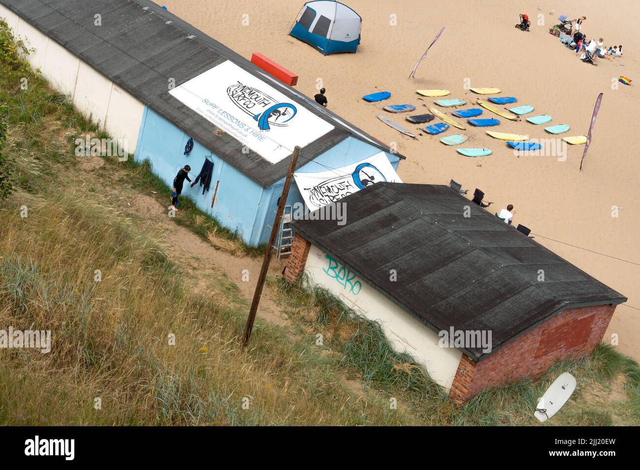 View of the Tynemouth Surf Co. on Long Sands, Tynemouth, UK, from above ...