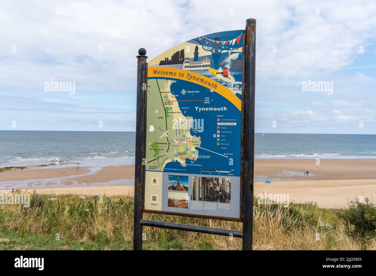 Tynemouth, North Tyneside, UK, map on a sign beside the Long Sands ...