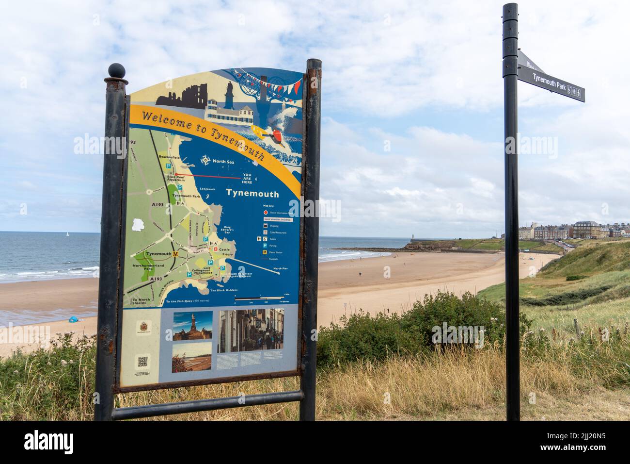 Tynemouth, North Tyneside, UK, map on a sign beside the Long Sands ...