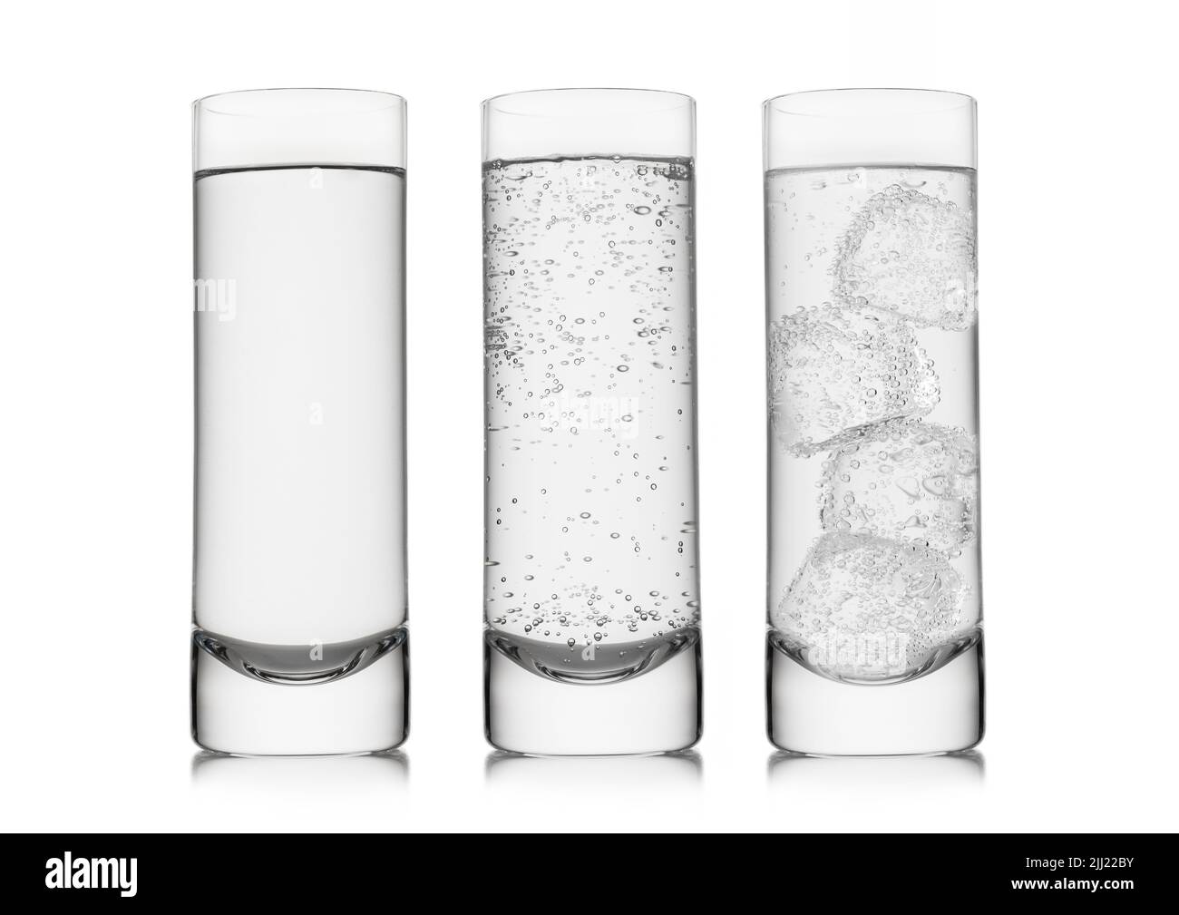Highball glasses with sparkling and still mineral water with ice cubes on white Stock Photo - Alamy
