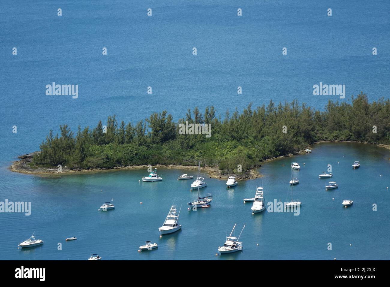 An aerial view of boats on the sea in Cross Bay, Southampton Parish ...