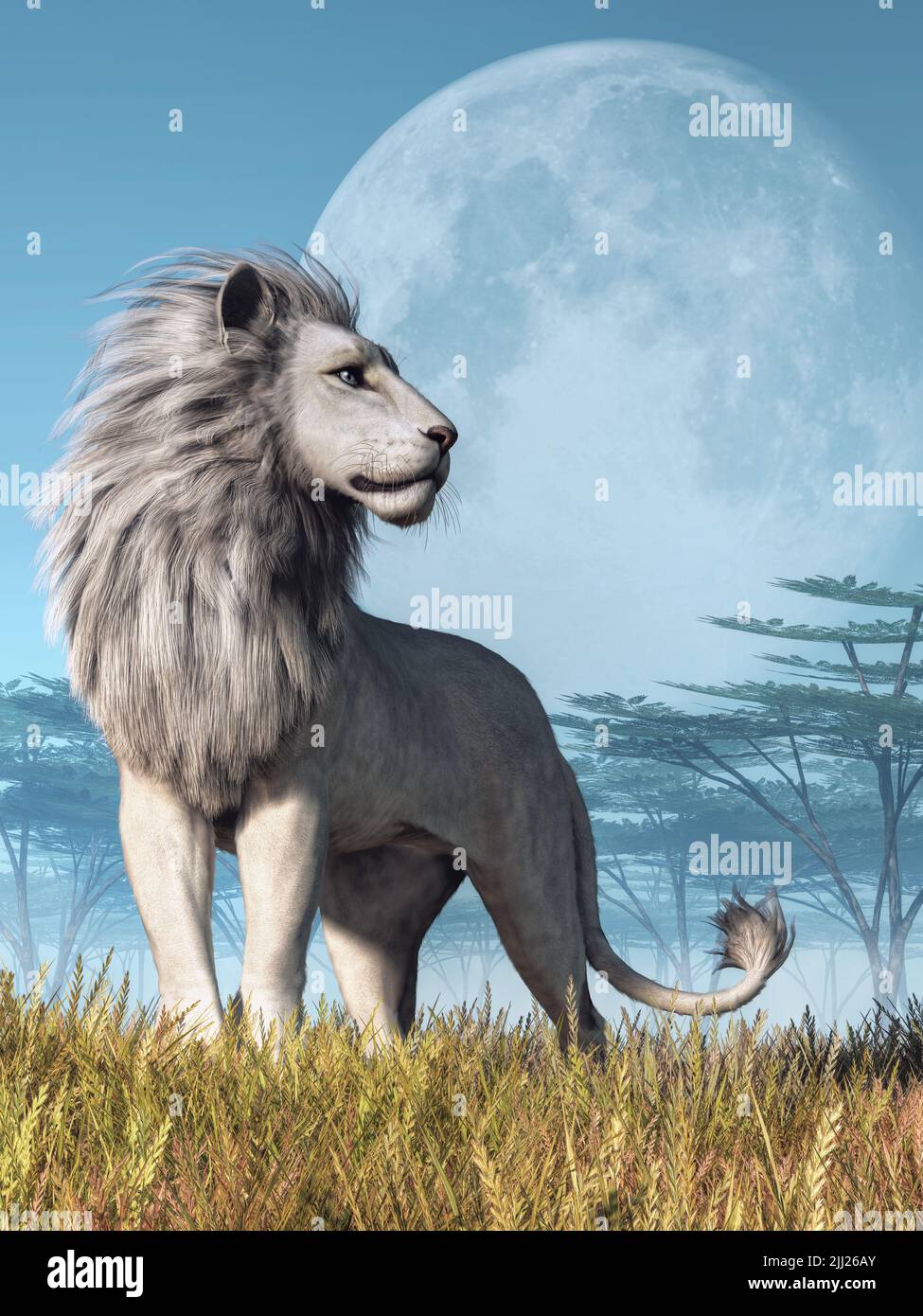 A lion with a white coat and mane stands in grassy savanna of Africa ...