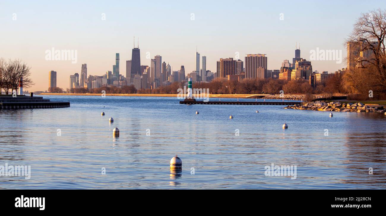 A Chicago skyline from Montrose harbor on the sunrise Stock Photo - Alamy