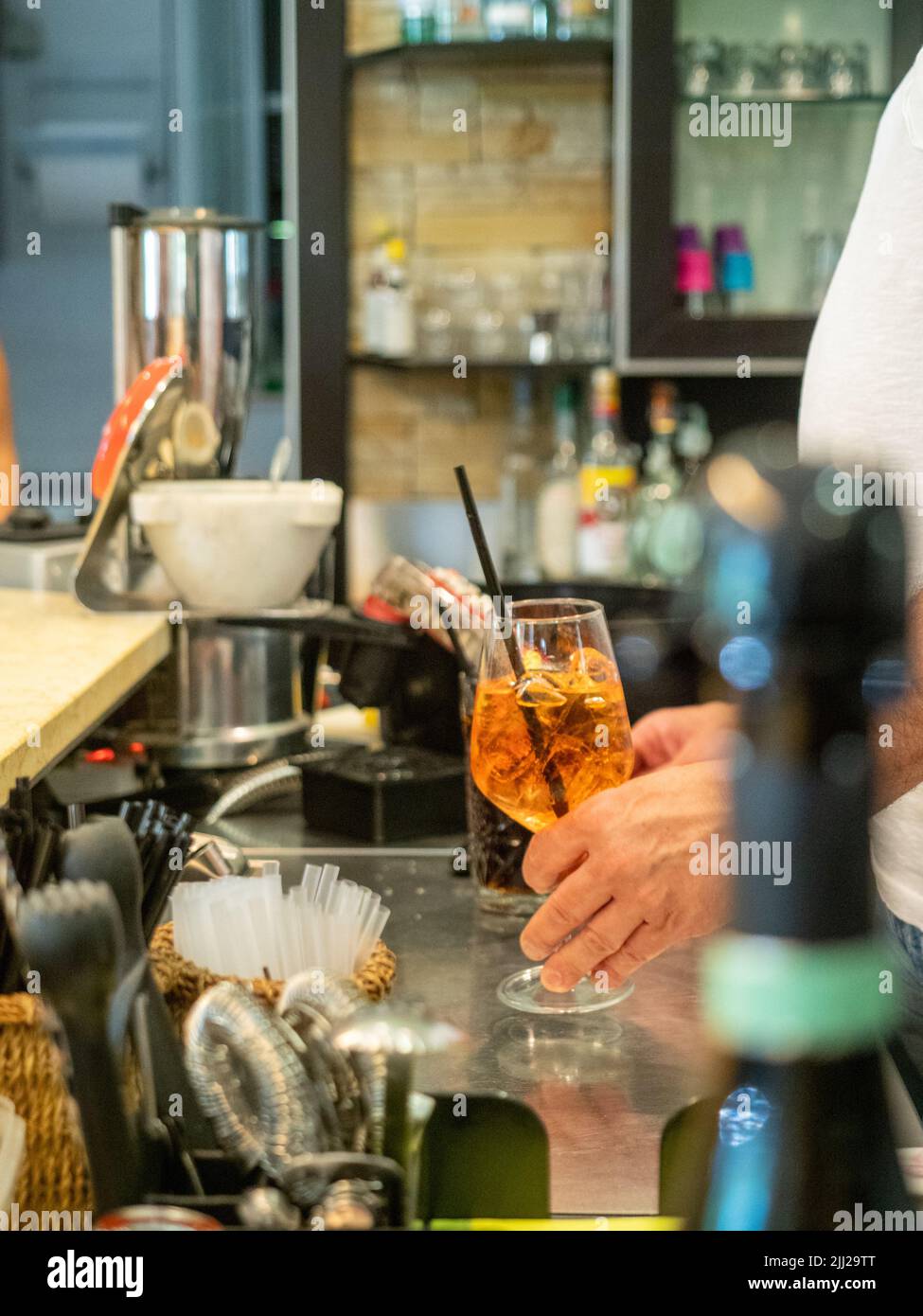 Aperol Spritz Cocktail Alcoholic beverage based on bar counter with ice ...