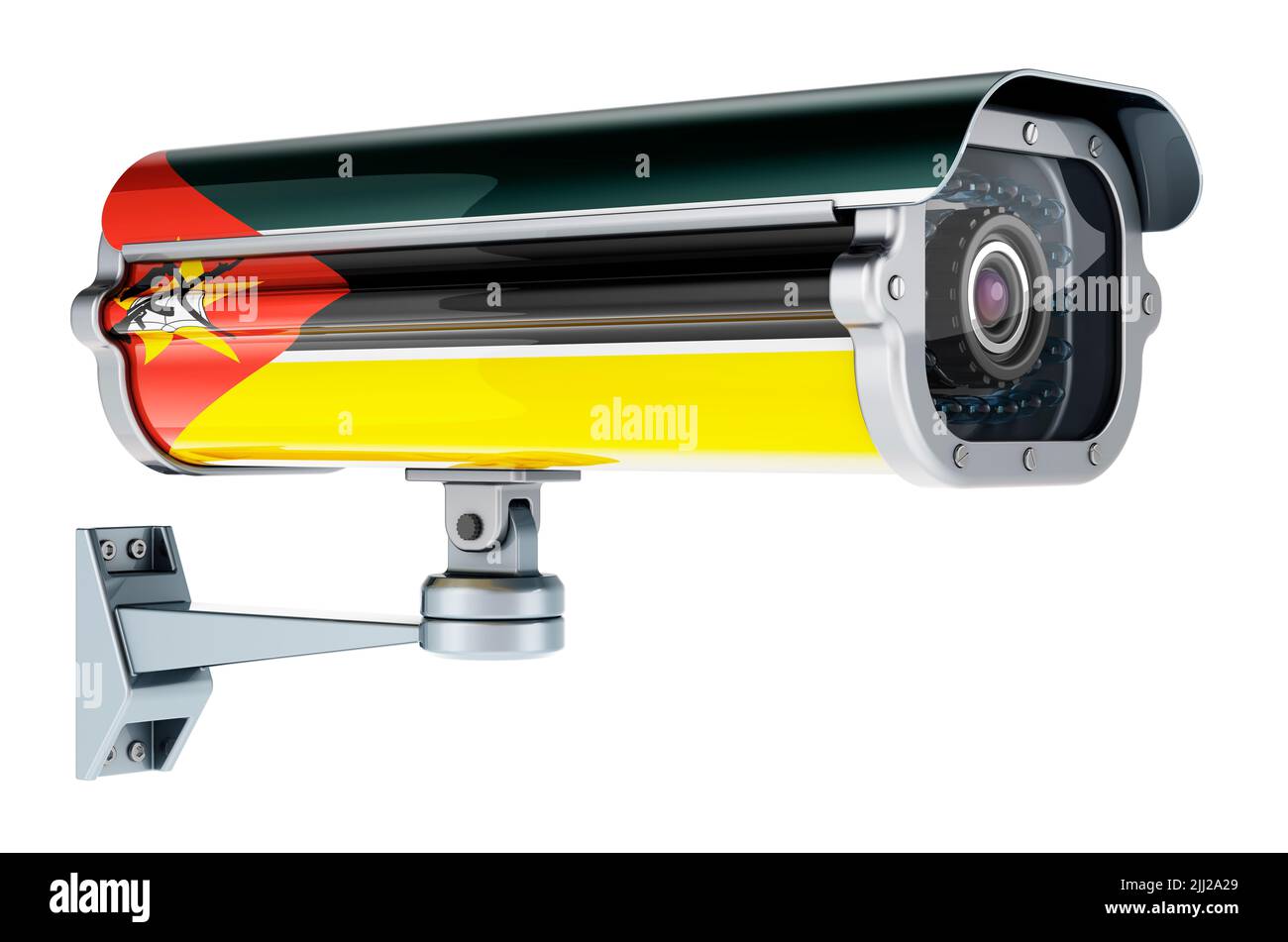 Surveillance camera with Mozambican flag. 3D rendering isolated on ...
