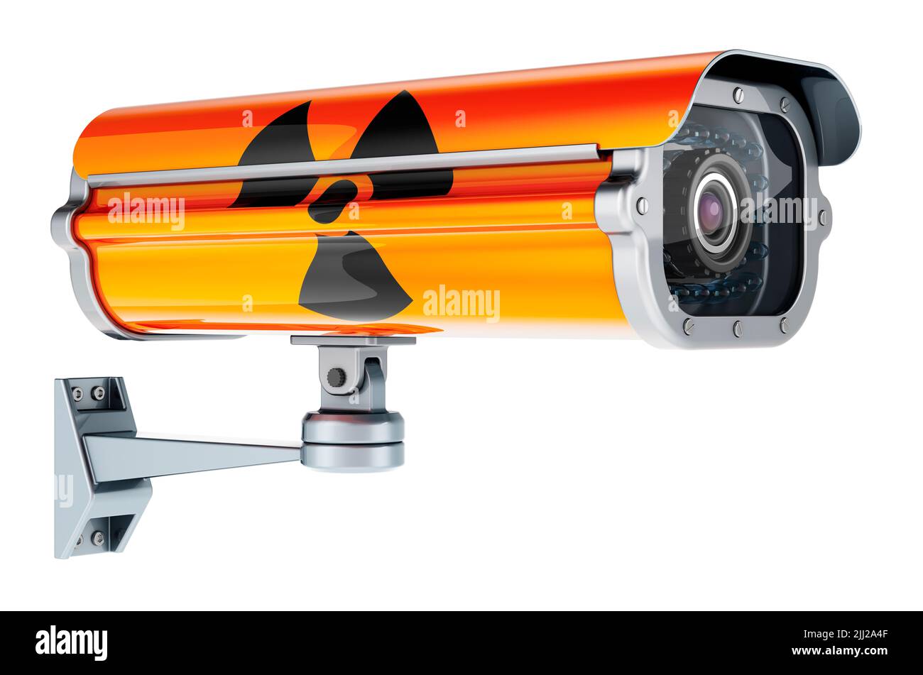 Surveillance camera with radiation sign. 3D rendering isolated on white ...