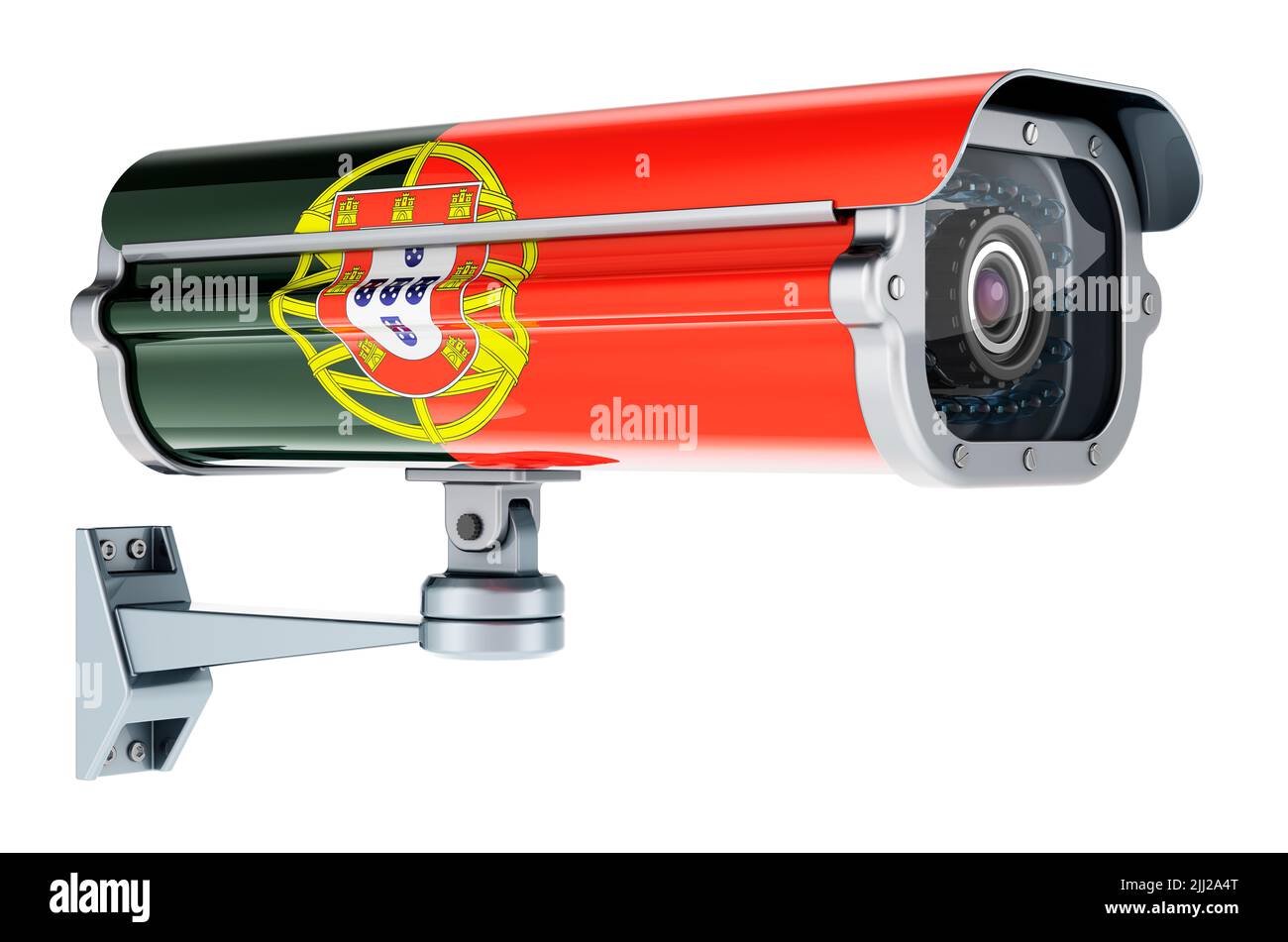 Surveillance camera with Portuguese flag. 3D rendering isolated on ...