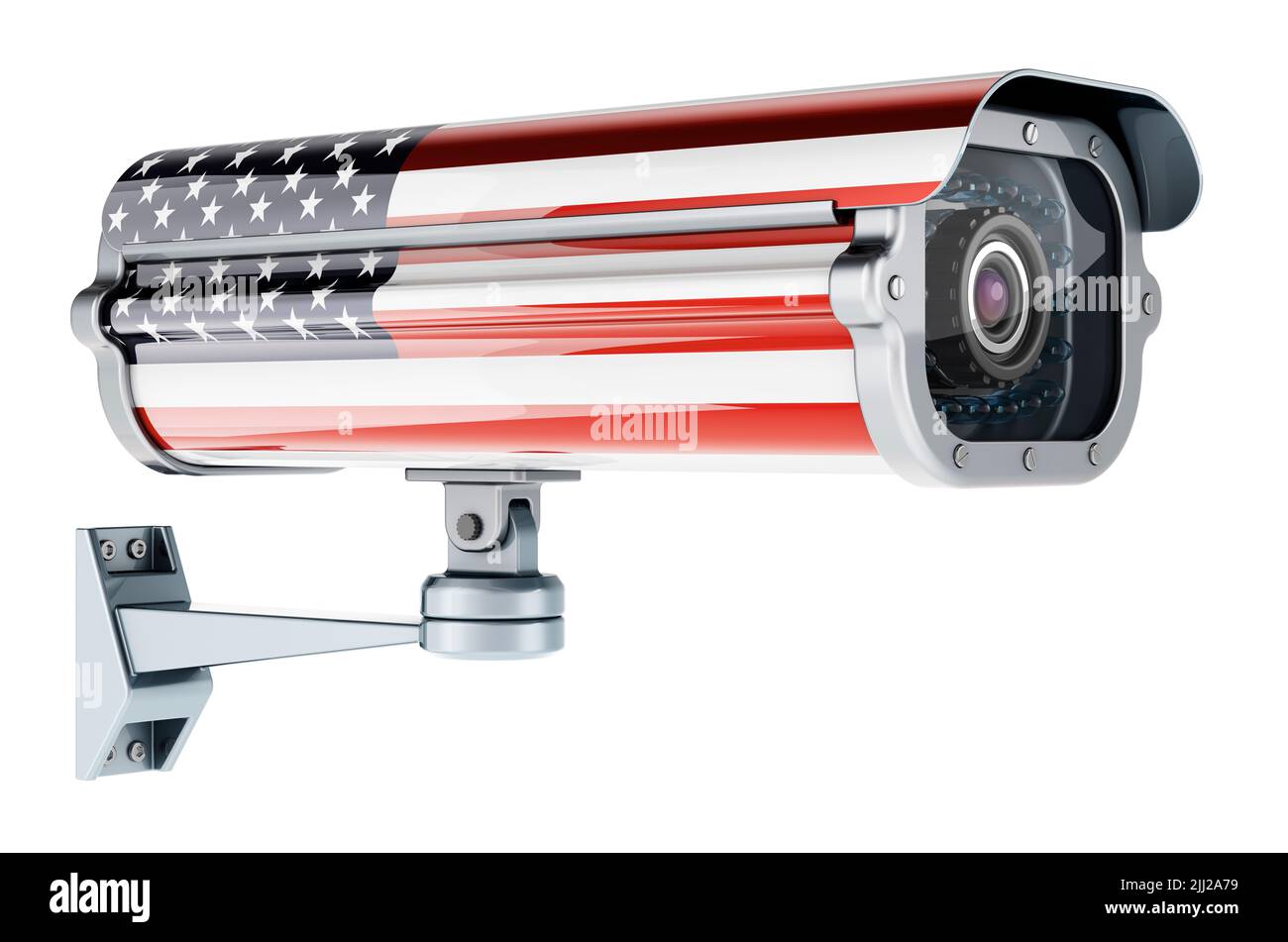 Surveillance camera with the United States flag. 3D rendering isolated ...