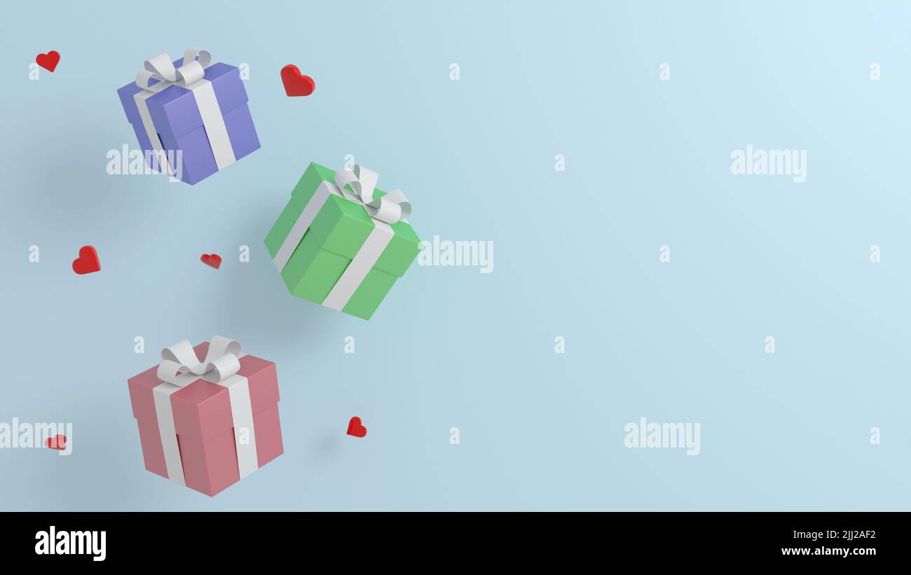 Romantic greeting card. Falling colorful gift boxes and small red ...