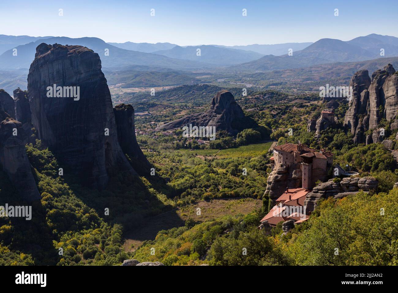 The view on Kalabaka town from miraculous monastery on rock formation ...