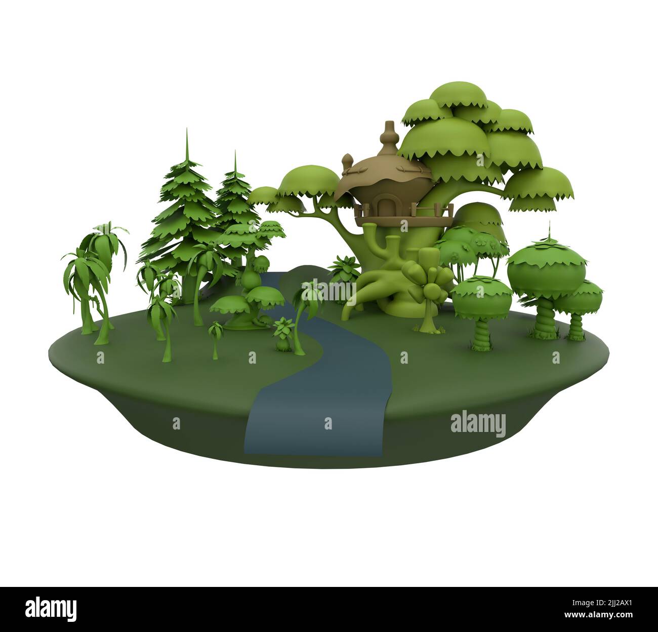 fantasy floating island with mountains, trees and street on green grass ...