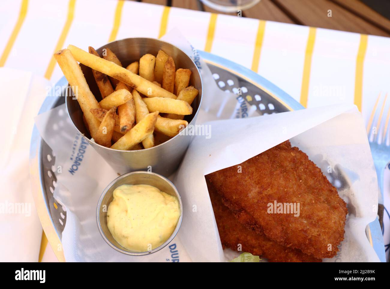 Fish and chips at a restaurant on Djurgården in the city of Stockholm ...