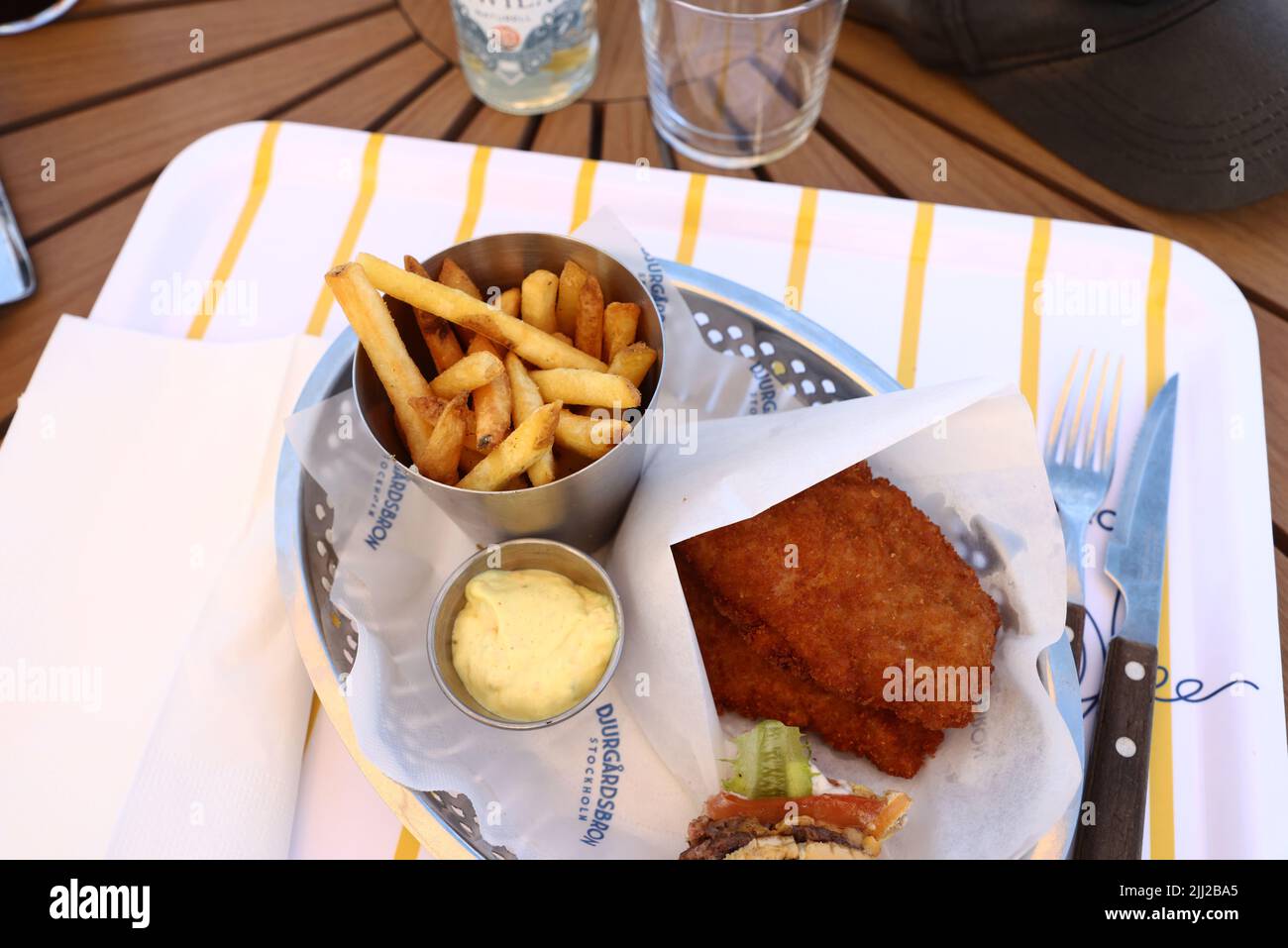Fish and chips at a restaurant on Djurgården in the city of Stockholm ...