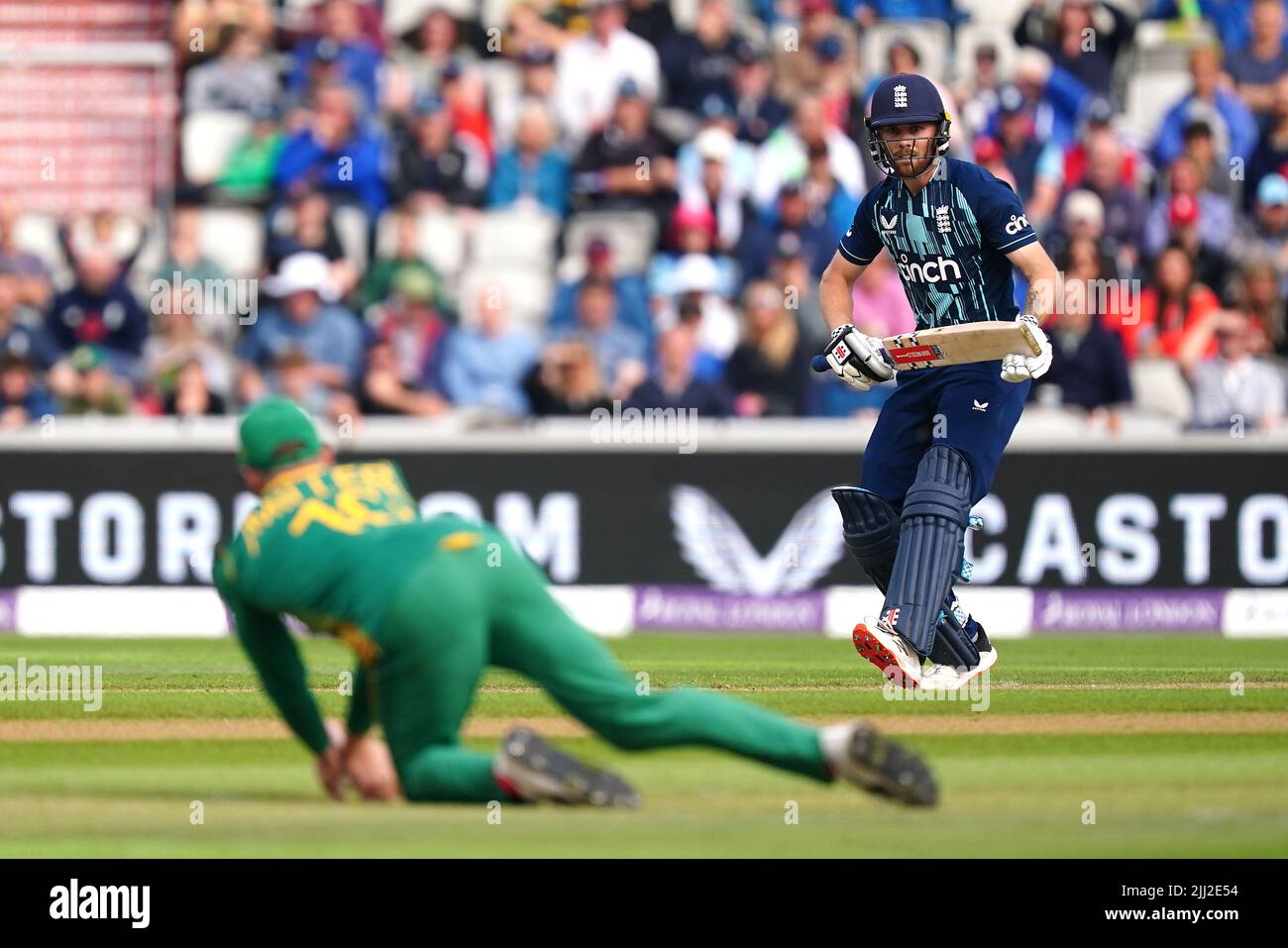 England's Philip Salt (right) is caught out by South Africa's David ...