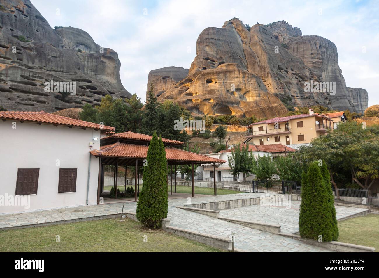 The view from Kalabaka town on the natural caves for monks in the rock ...