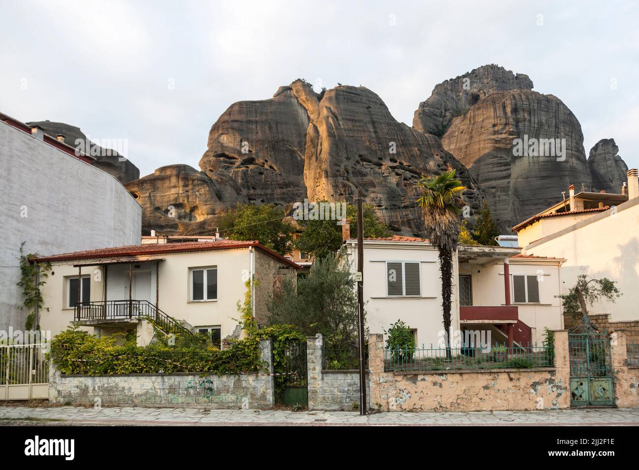 The view from Kalabaka town on the natural caves for monks in the rock ...