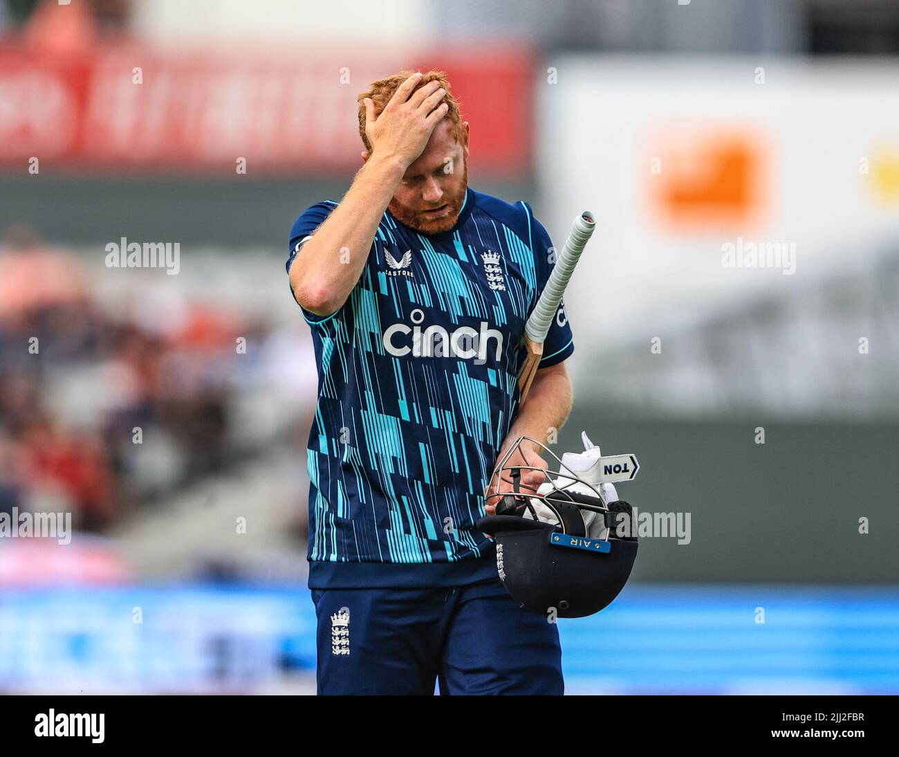 A dejected Jonny Bairstow of England leaves the field after he’s bowled ...