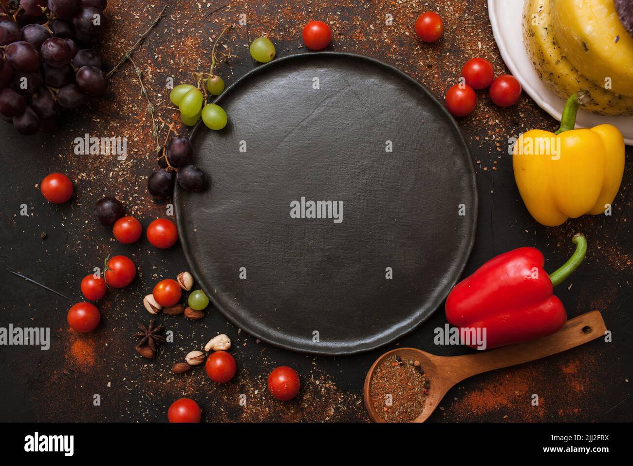 Healthy food and empty plate top view Stock Photo - Alamy