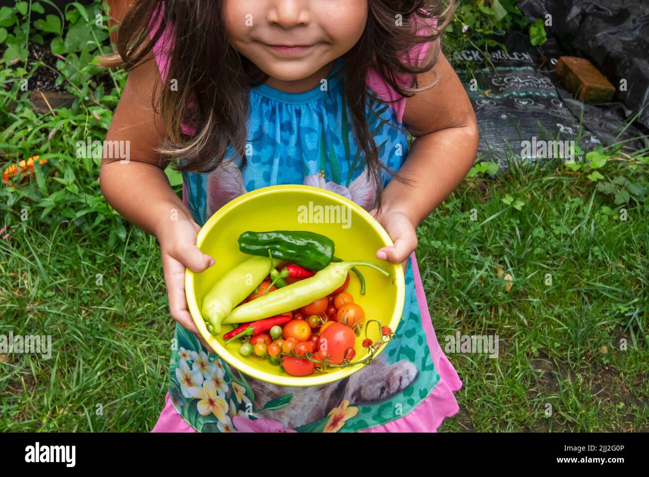children with organic backyard garden produce Stock Photo - Alamy