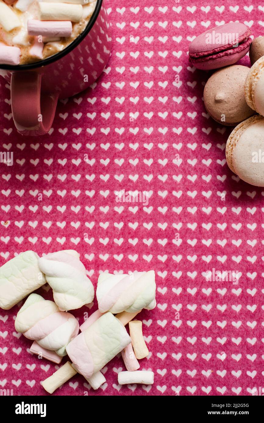 Composition from latte, macaroons and marshmallow Stock Photo - Alamy