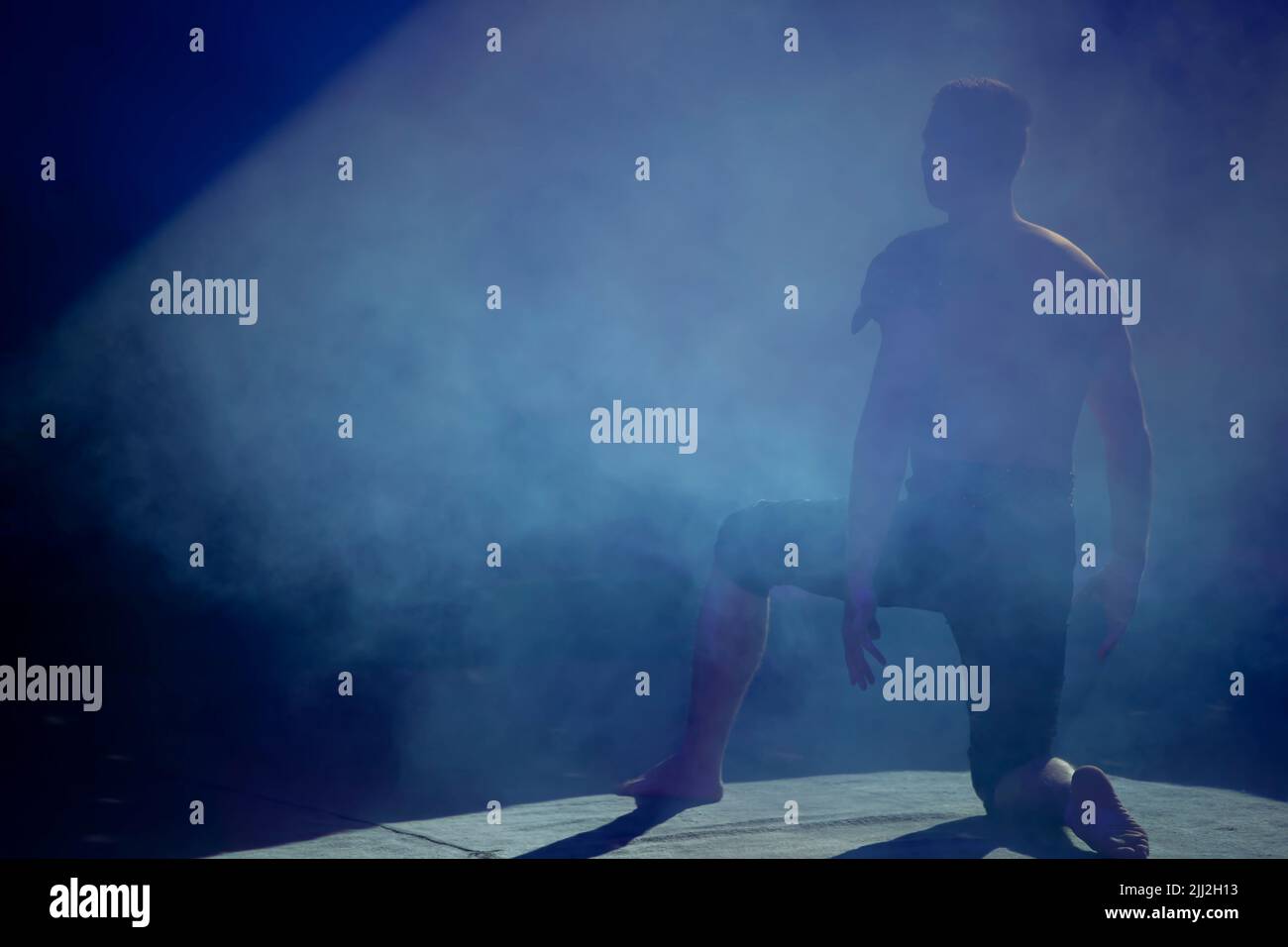 On a dark smoky background, the silhouette of a strong man Stock Photo ...