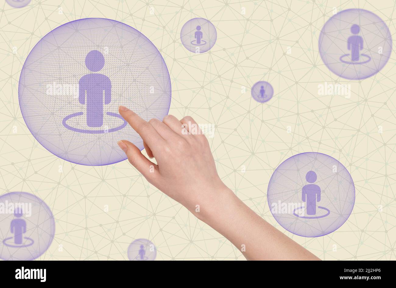 A woman's hand presses on a virtual sphere with a silhouette of a man ...