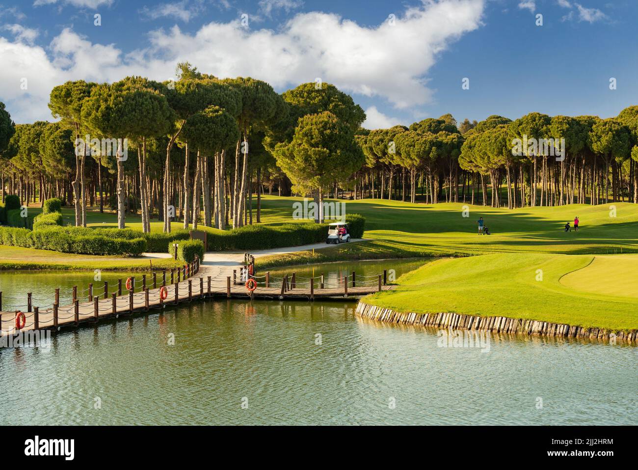 Golf course with lake, golf cart and players Stock Photo - Alamy