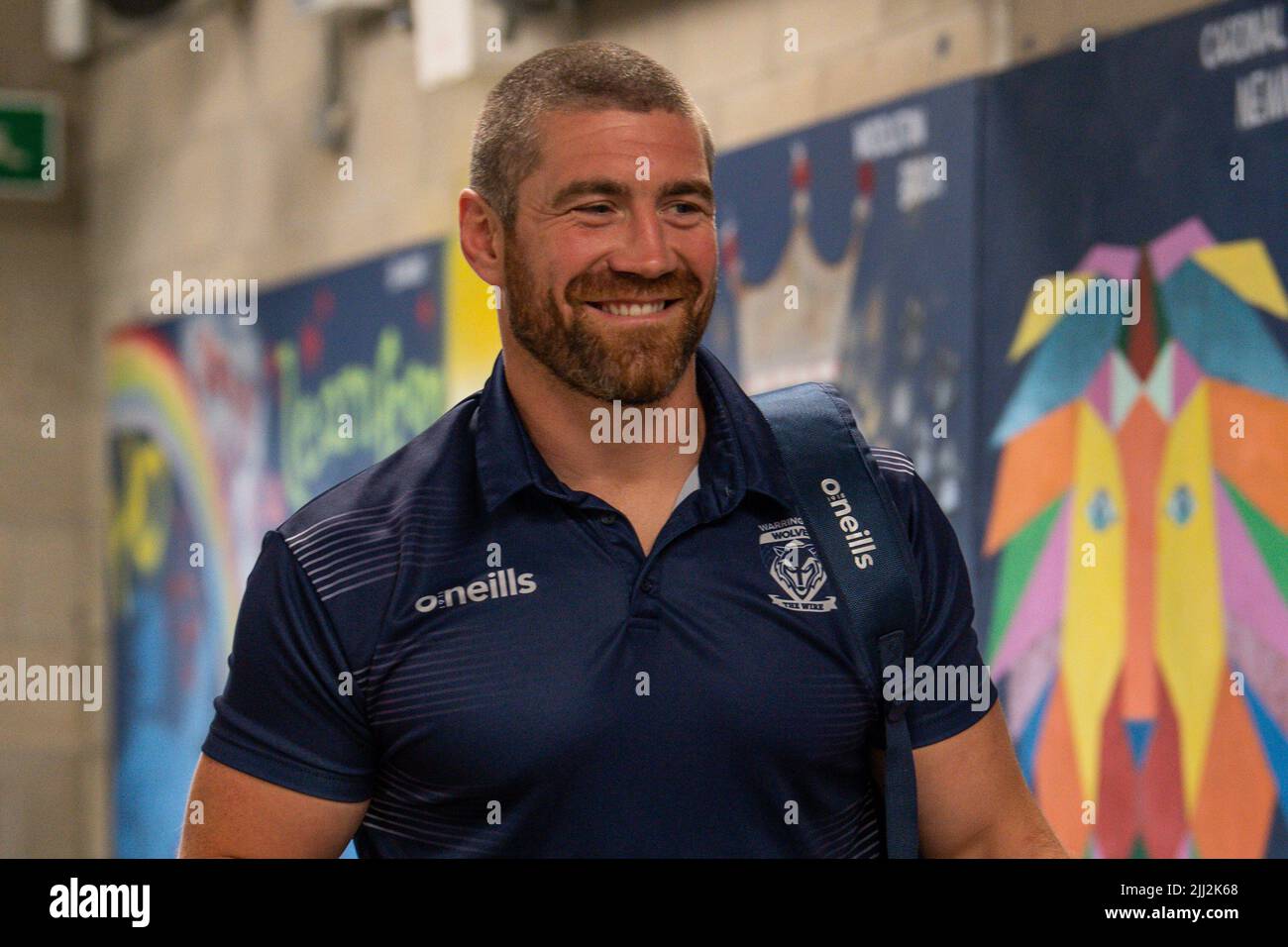 Kyle Amor #32 of Warrington Wolves arrives at The Halliwell Jones ...