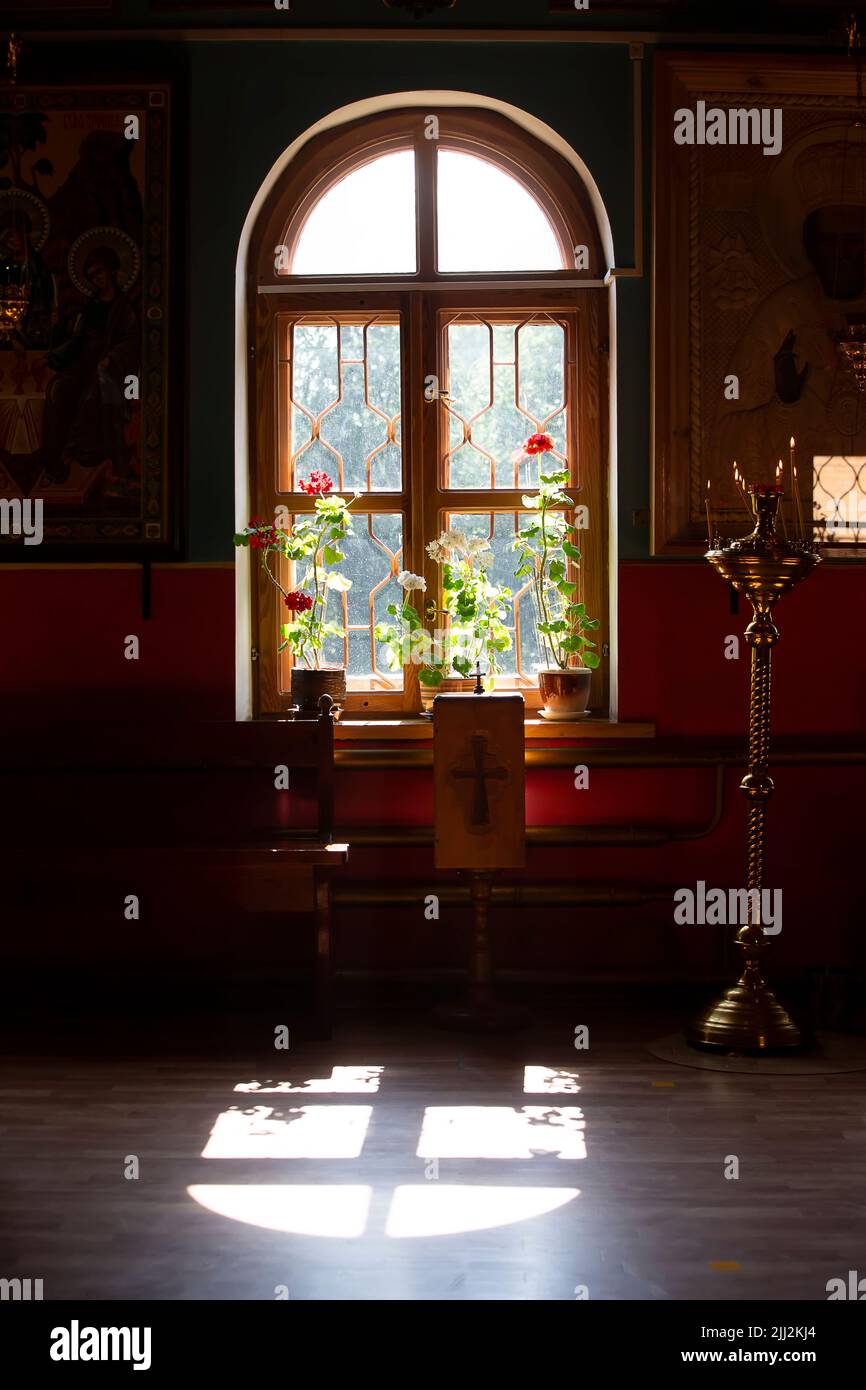 Belarus, the city of Rechitsa, August 19, 2020. City temple.Window in ...