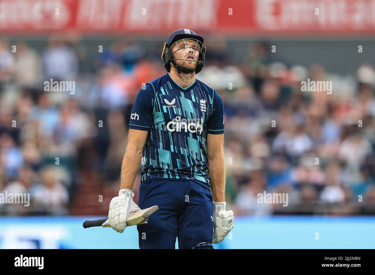 David Willey of England looks to the sky as he’s caught 0out by ...
