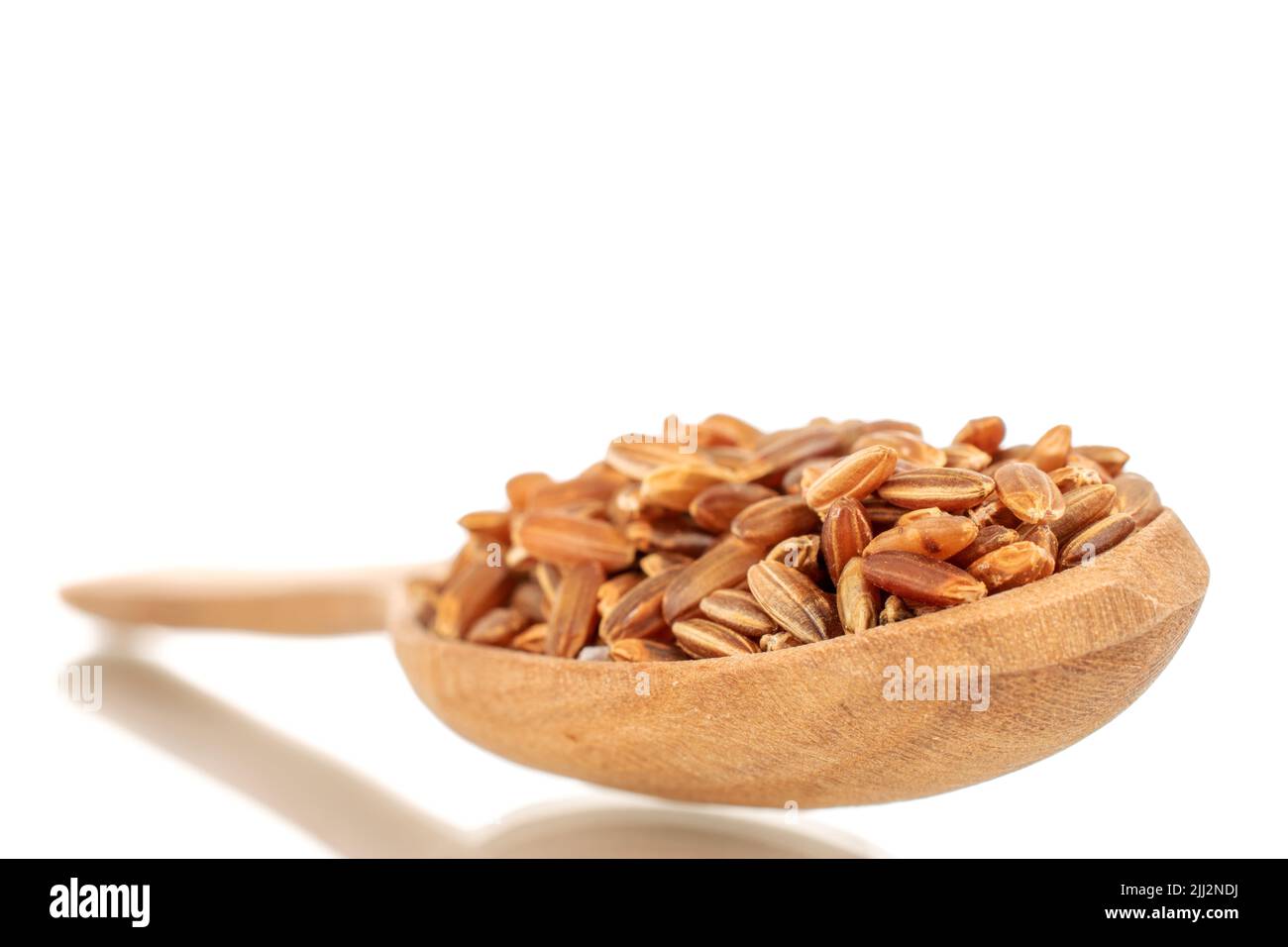 Organic uncooked brown rice with wooden spoon, close-up, isolated on ...