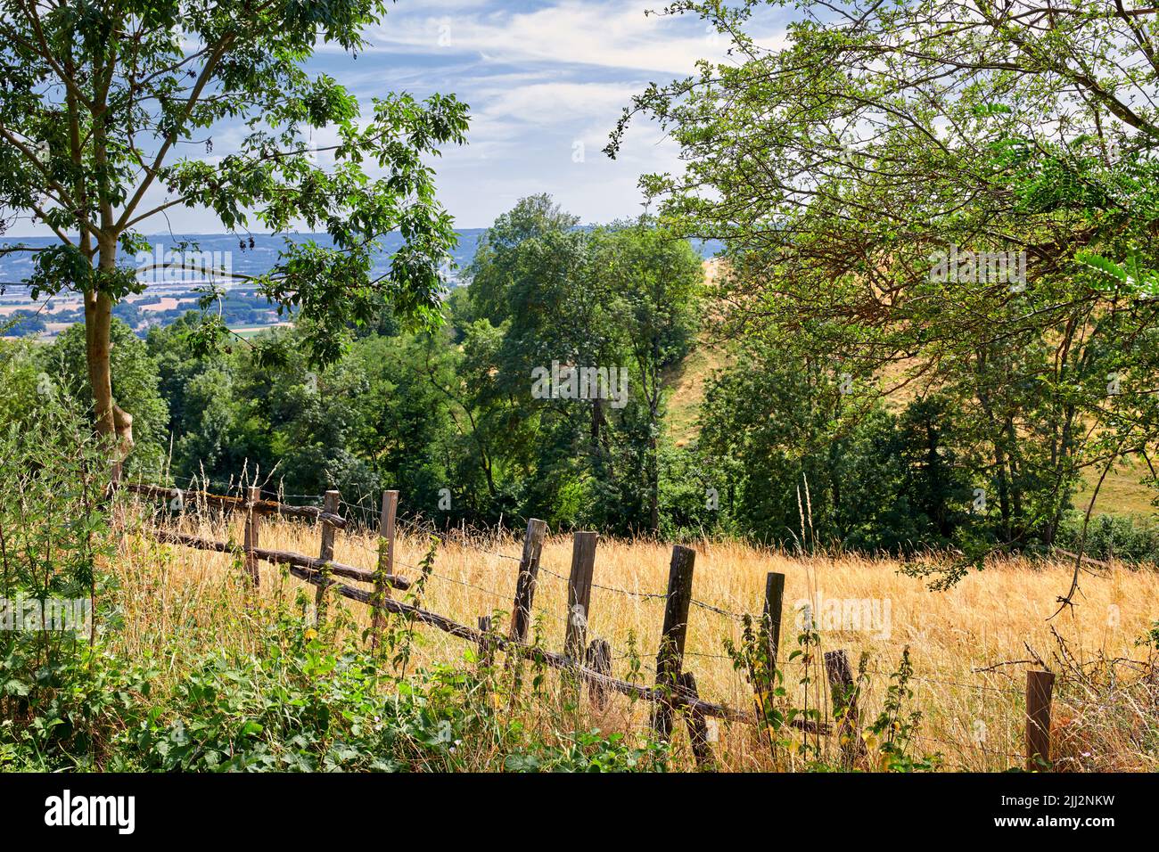 Farmland with a fence and a blue cloudy sky background. Landscape of a ...