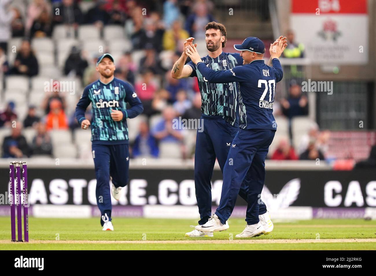 England's Reece Topley (centre) celebrates the wicket of South Africa's ...