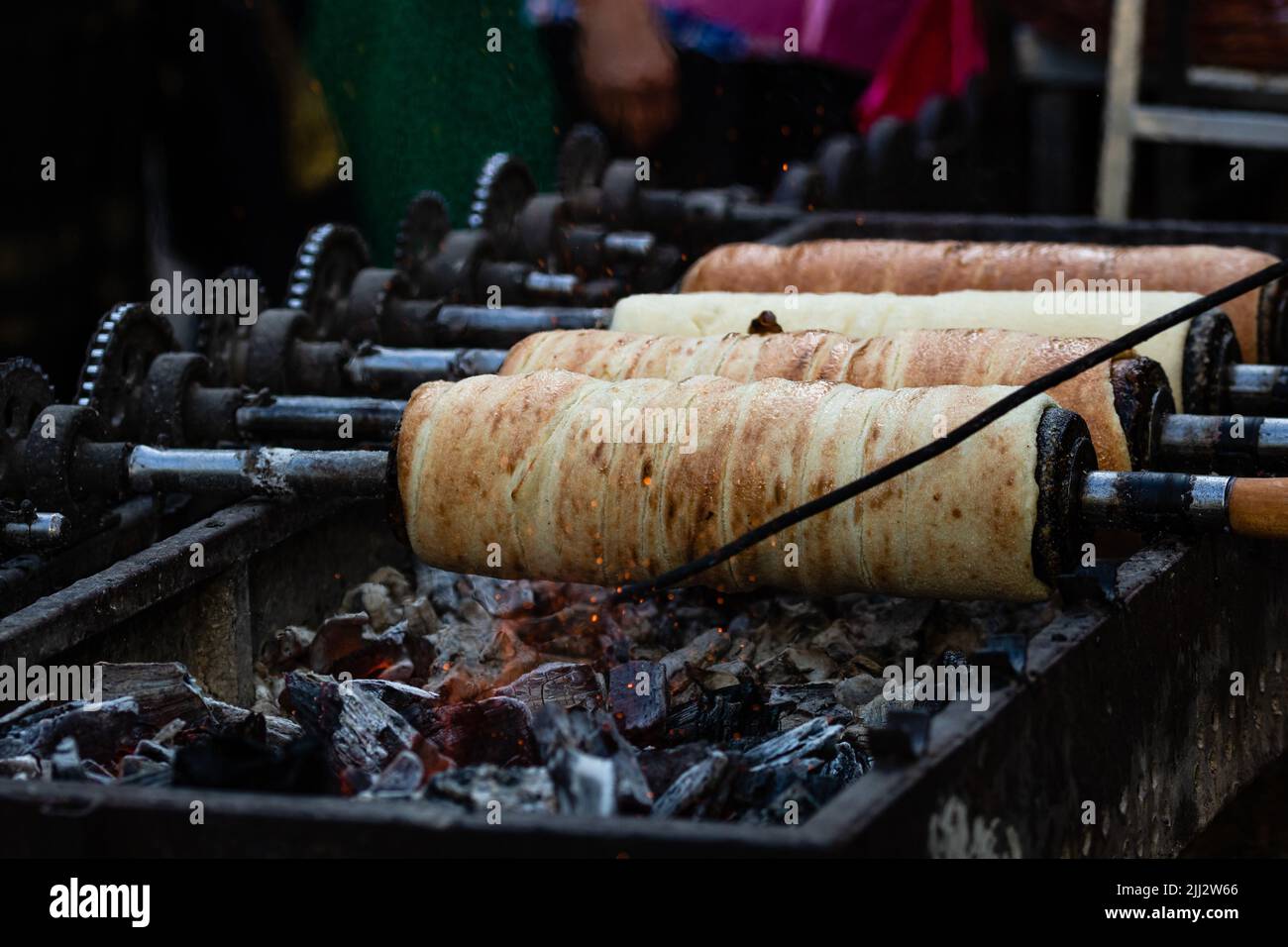 Kurtos Kolacs (Kürtőskalács). Traditional Hungarian cake, baked with ...