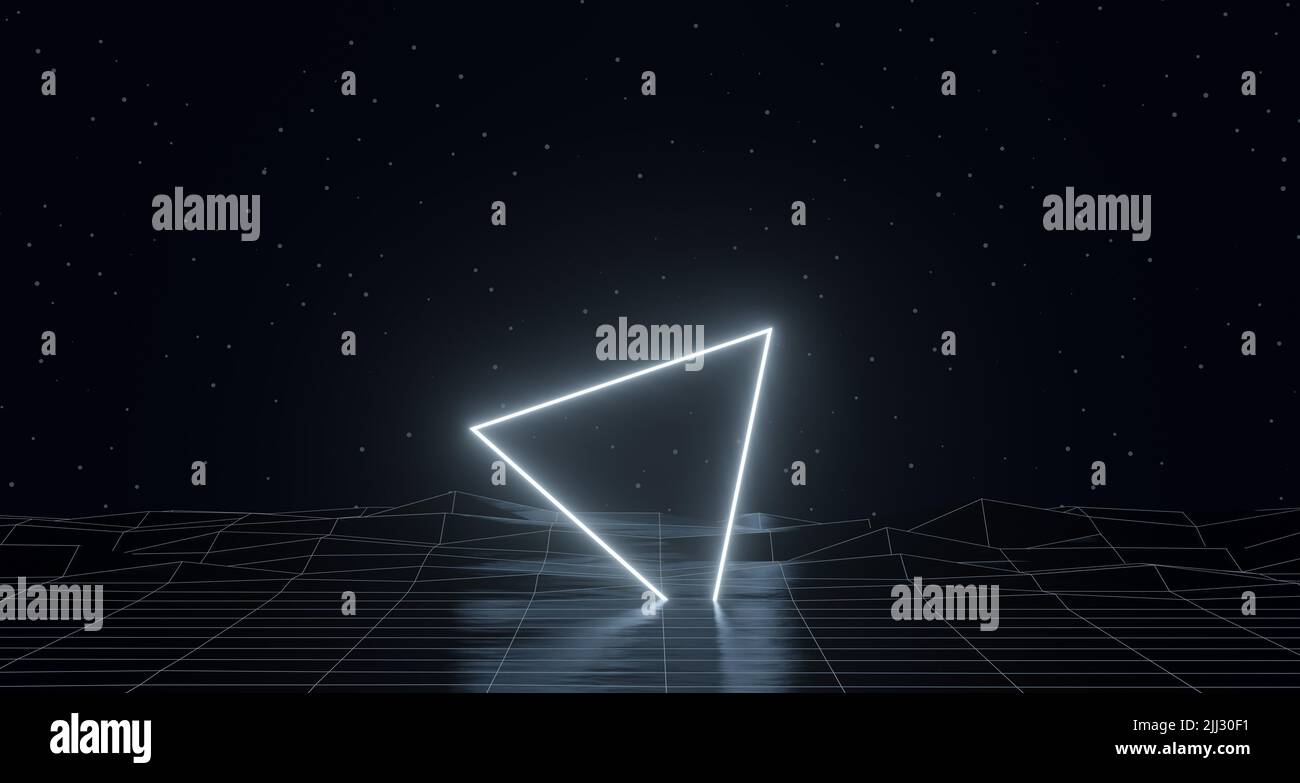 3d render, neon glowing geometric shape, retro wireframe poster Stock ...
