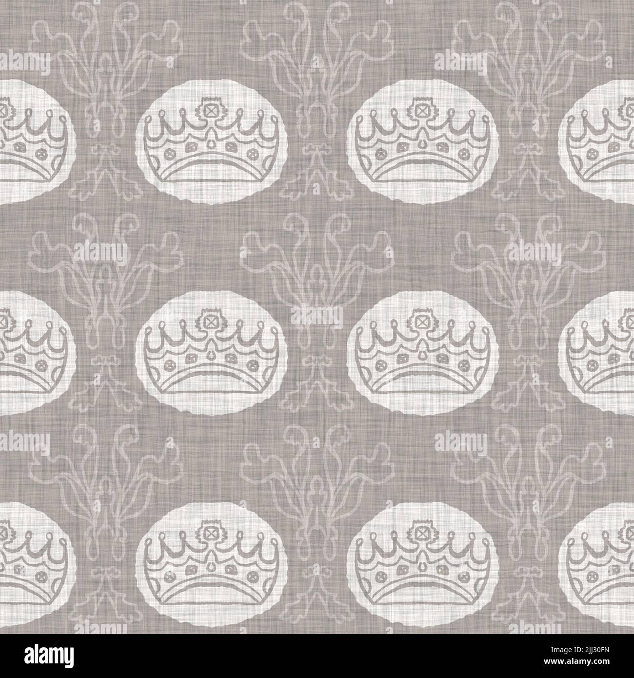 French grey crown motif seamless pattern. Tonal country cottage style ...