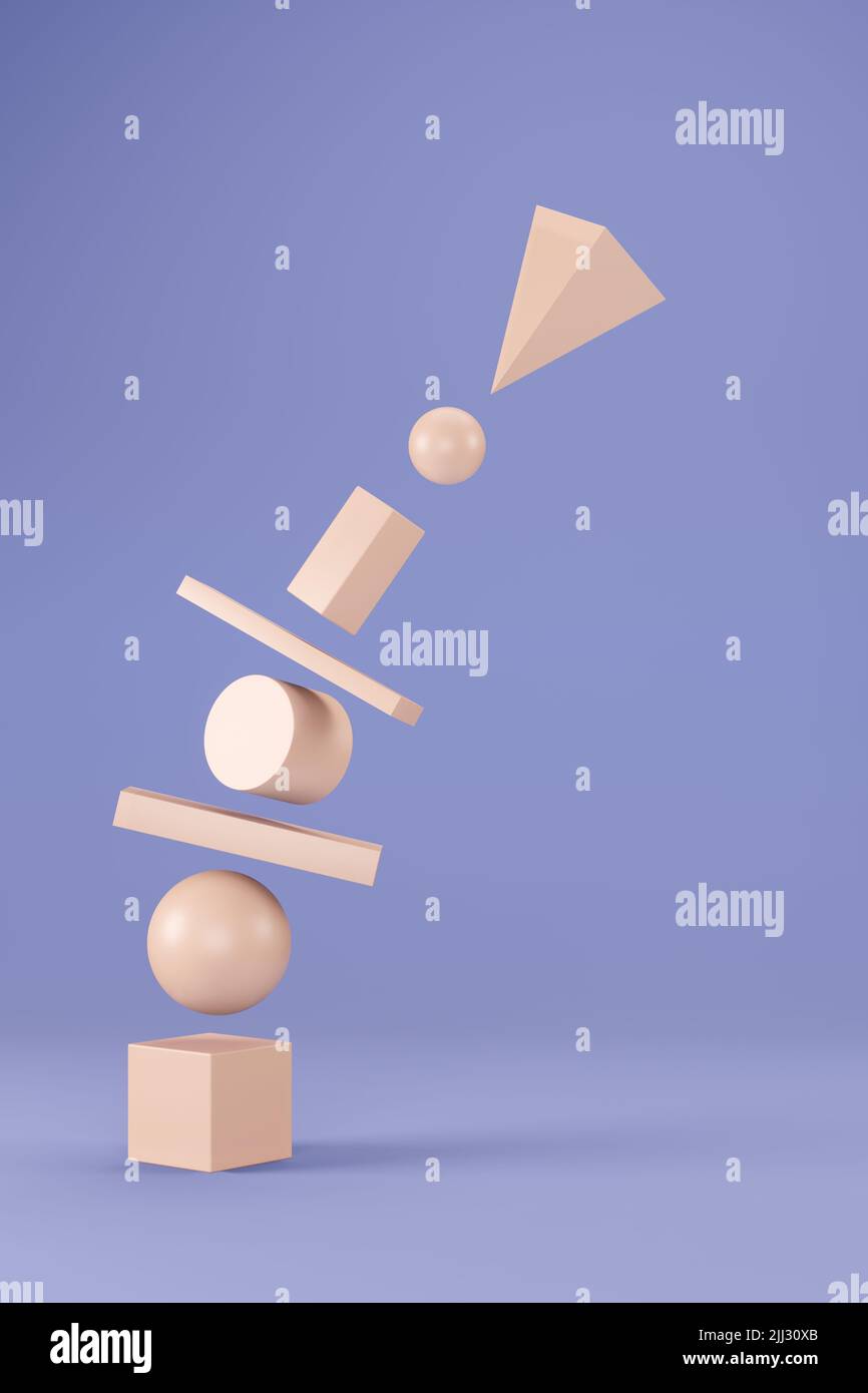 broken pyramid of geometric shapes on purple background, 3d render ...