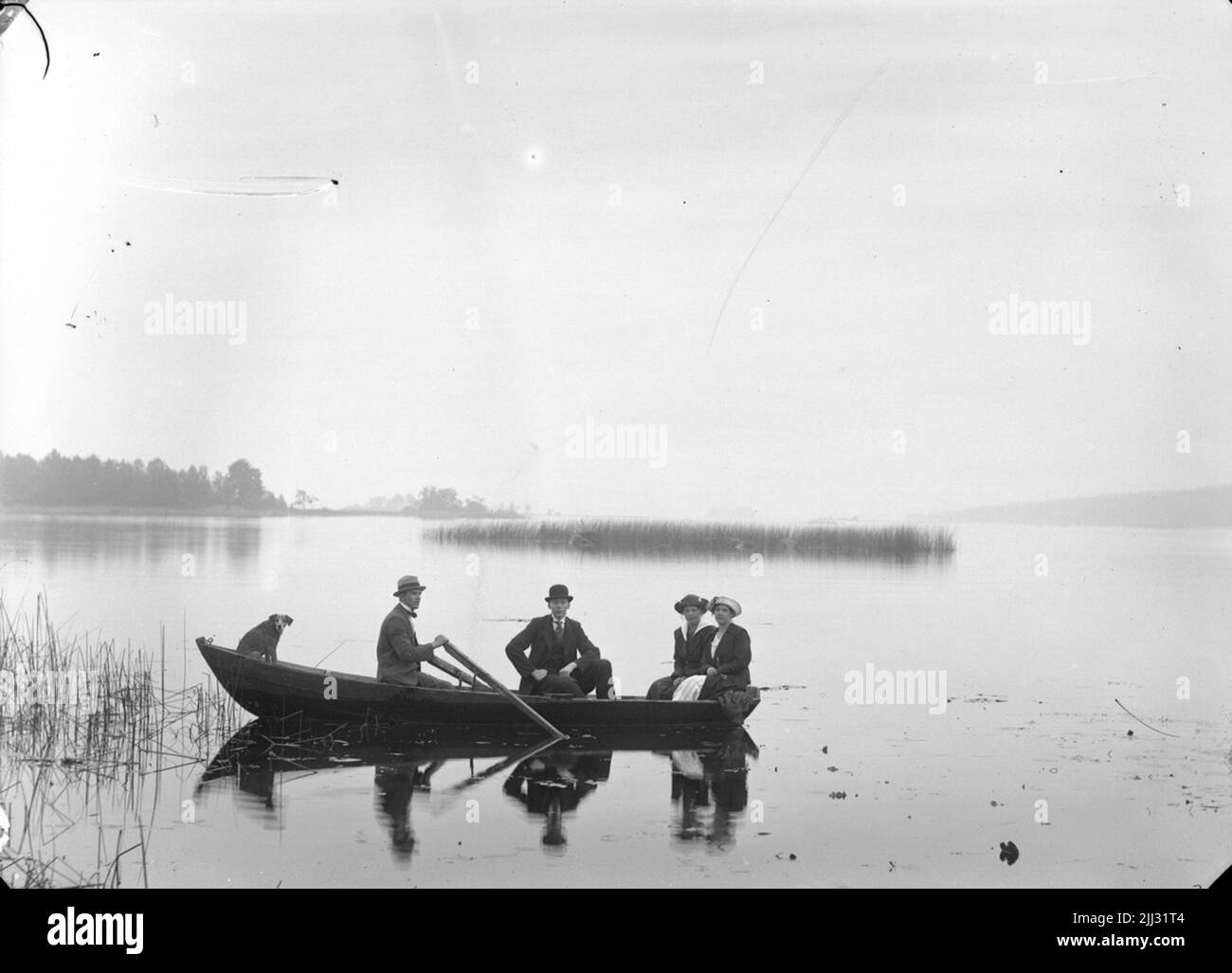 Lake views, four people and a dog in a rowing boat Stock Photo - Alamy