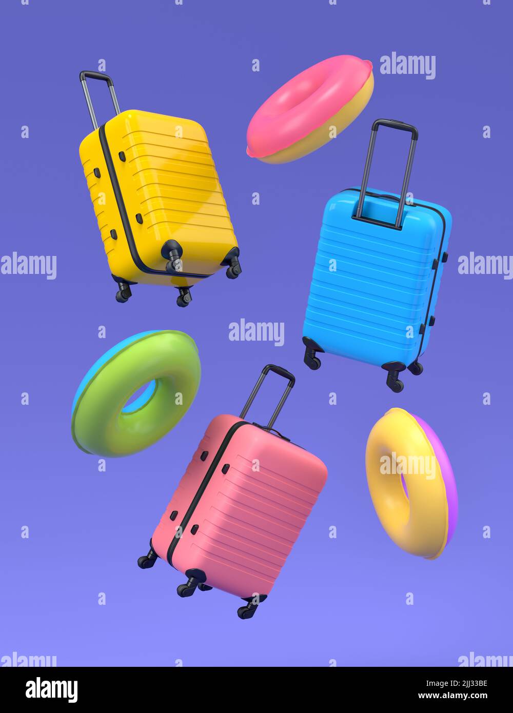 Colorful suitcase or baggage inflatable rings flying on blue background ...