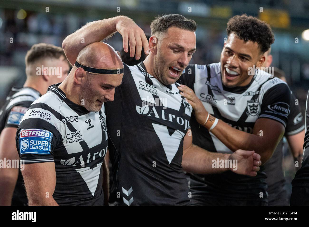 Danny Houghton #9 of Hull FC celebrates his try with Luke Gale and ...