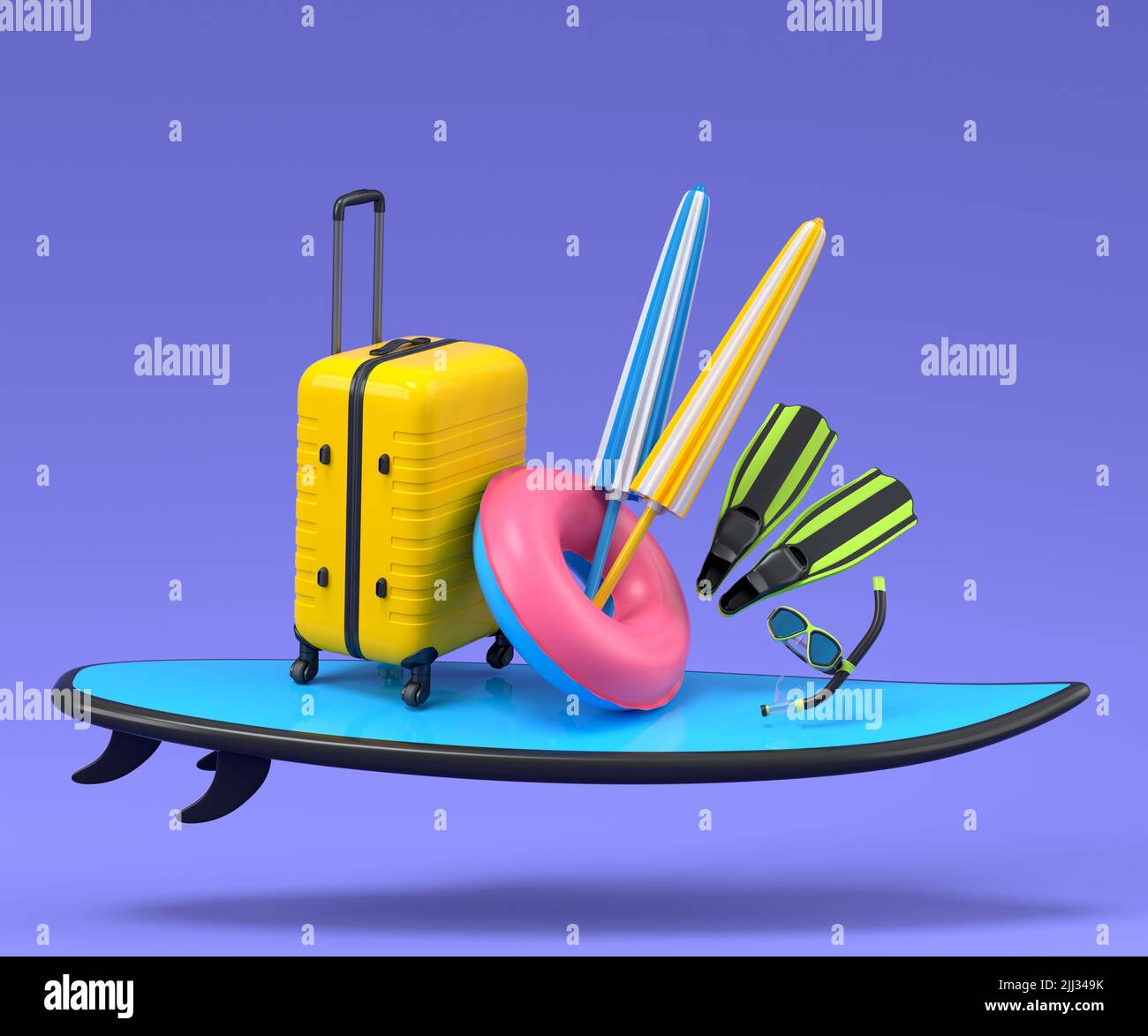Colorful surfboard, beach ring, umbrellas and scuba mask on blue ...