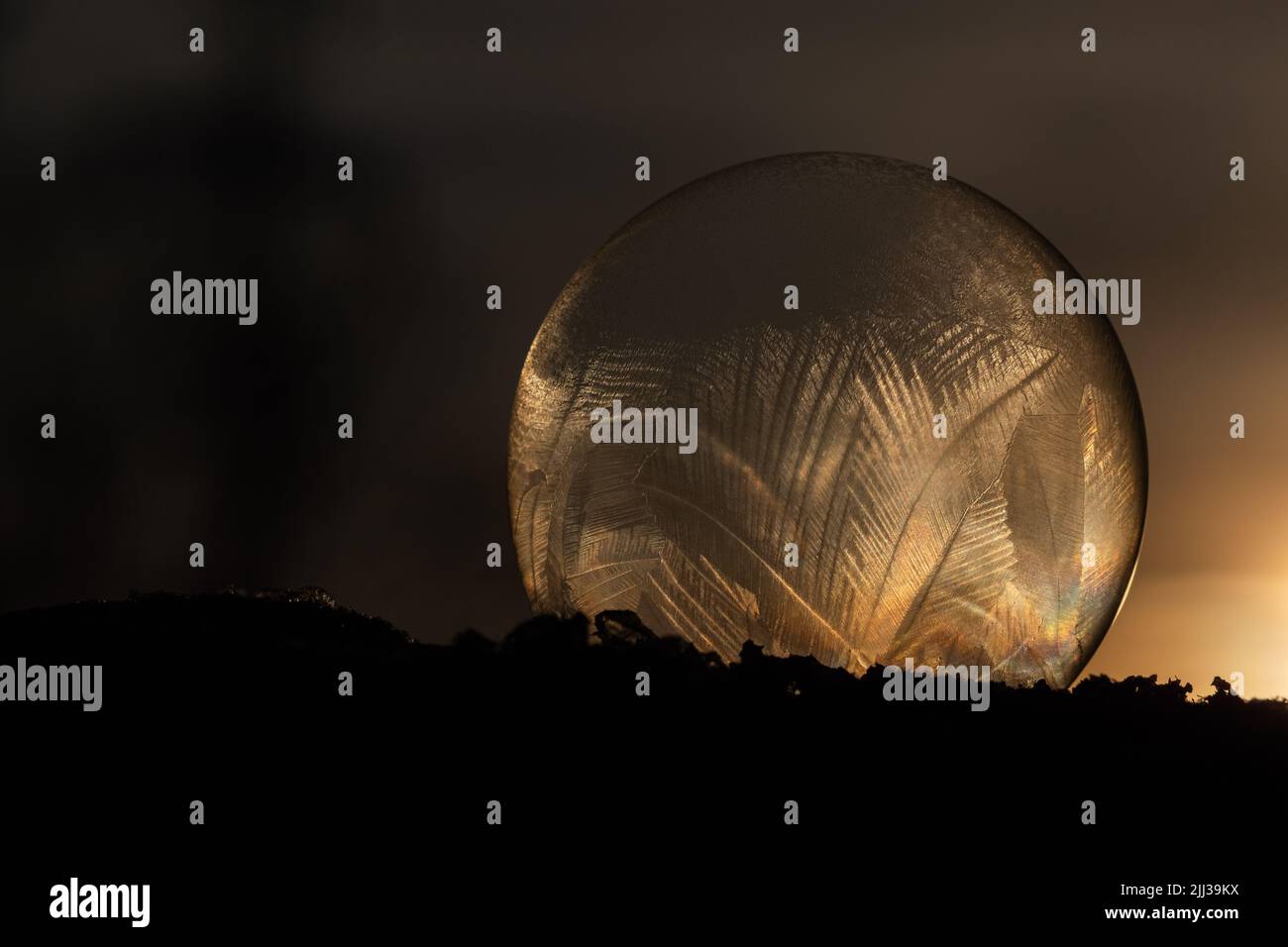 Frozen soap bubble with ice pattern on cold winter day at the sunset ...