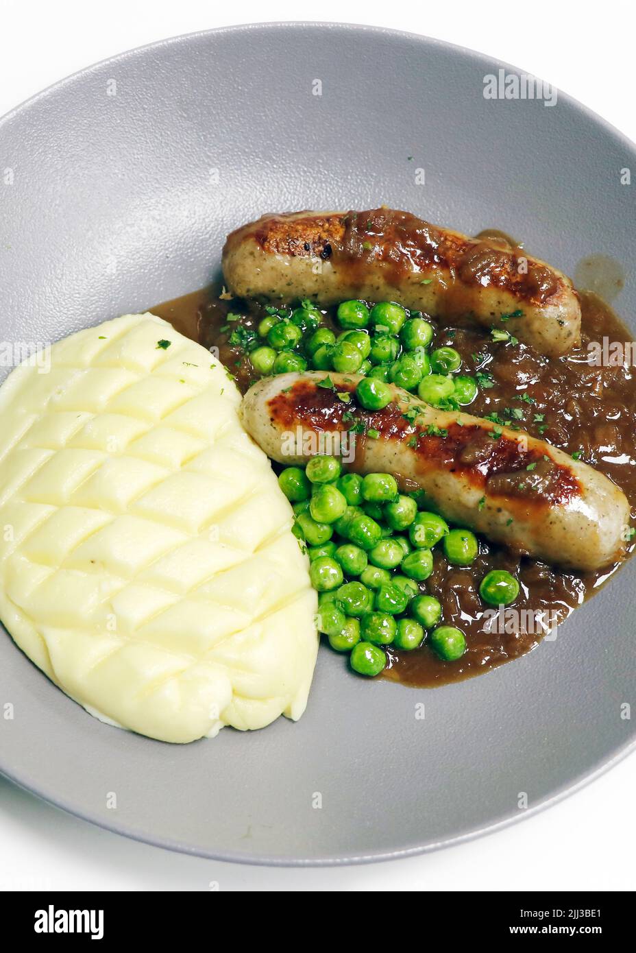 bangers and mash, british delicacy, pork sausages, mash potato, green ...