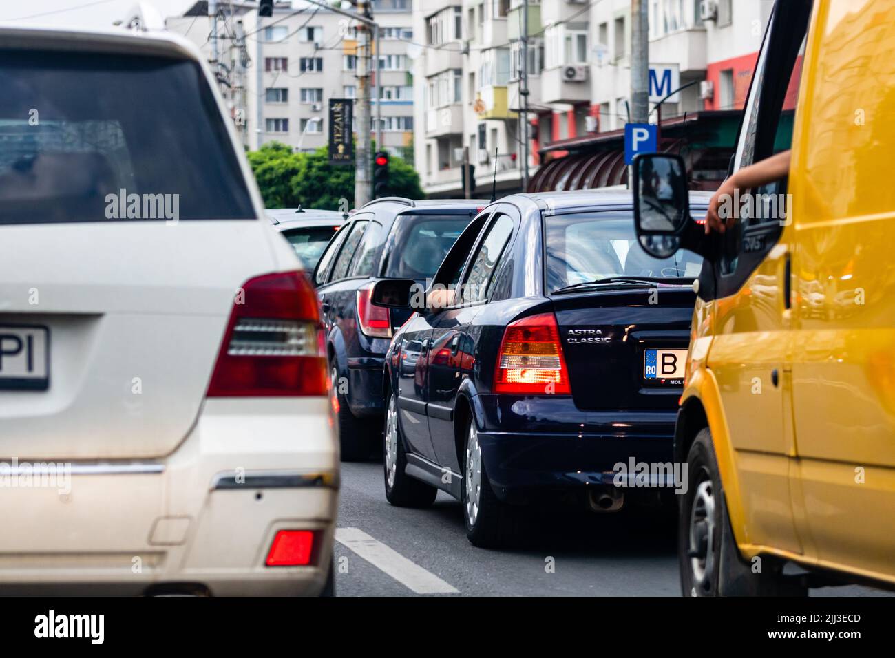 Car traffic, pollution, traffic jam in the morning and evening in the ...